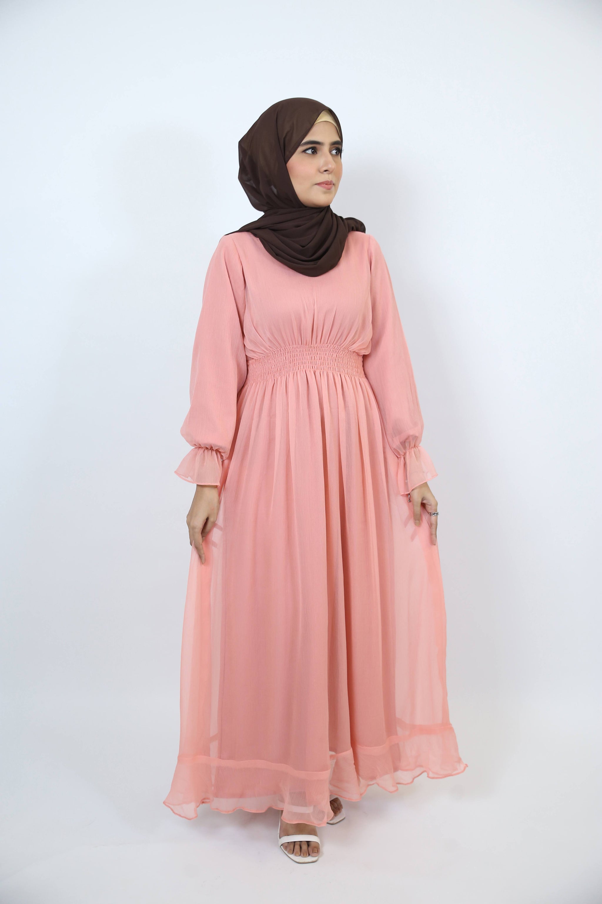 Wardiya-Fascinating chiffon lined maxi dress with pleated waist and ru