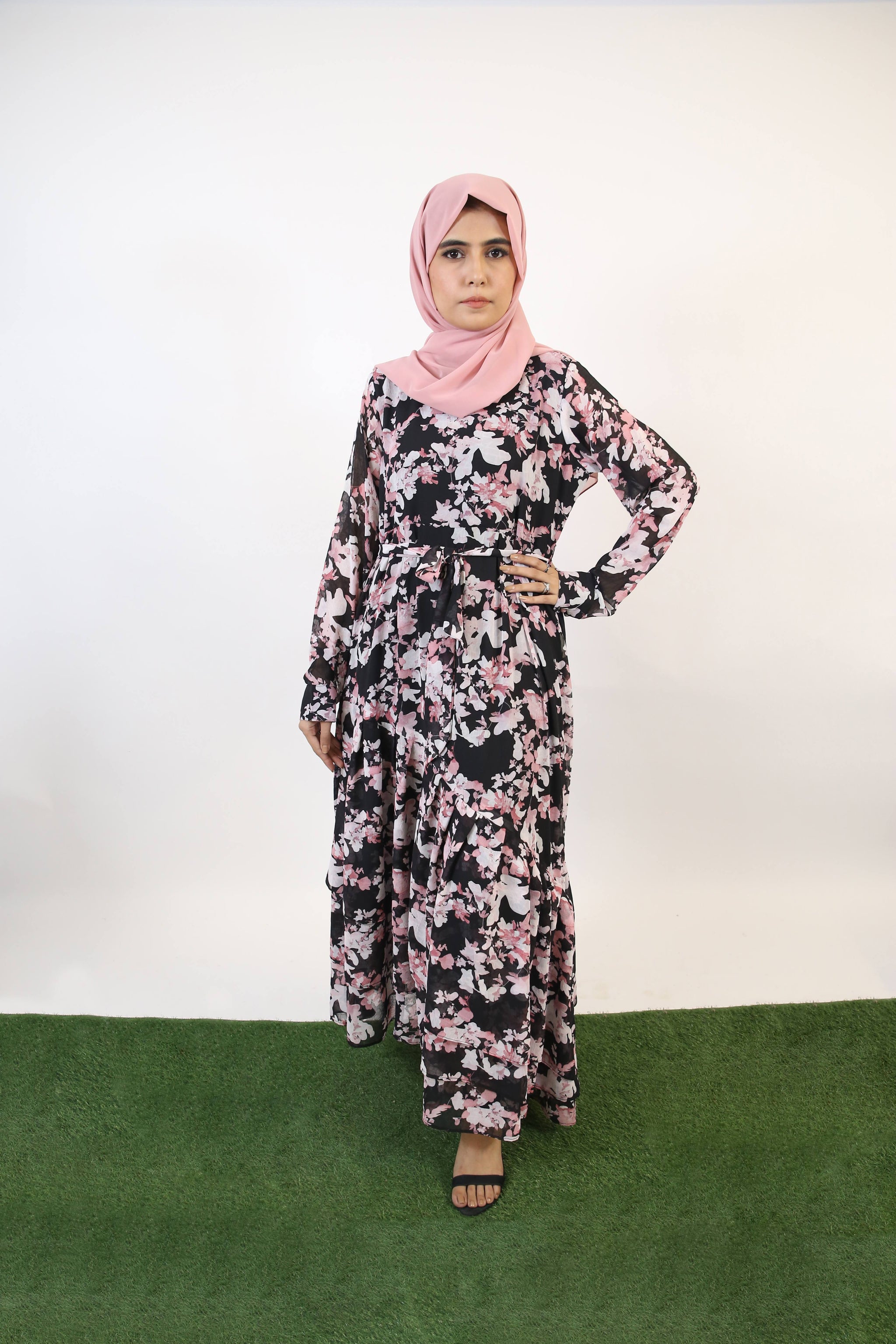 Zahri- Sublime floral Chiffon fully lined Maxi dress with diagonal cut
