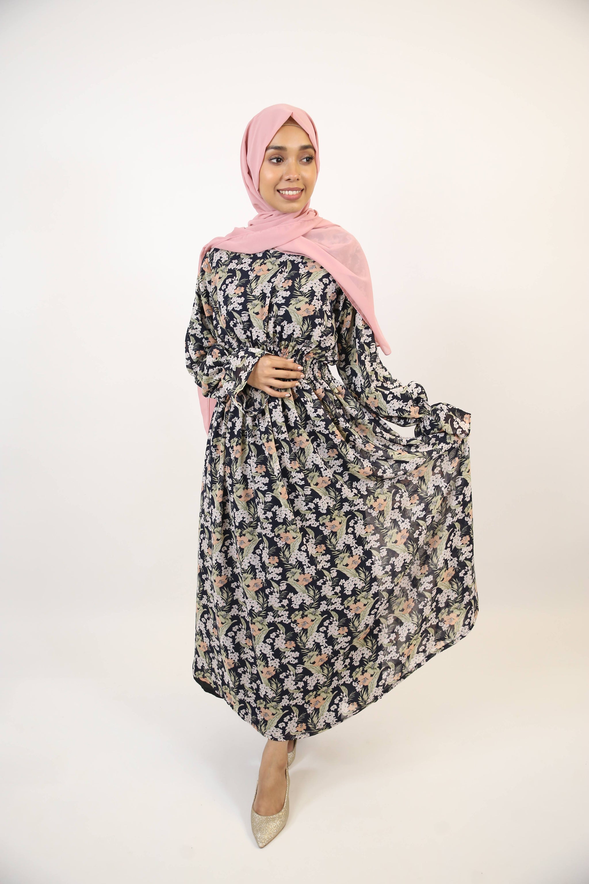 Hadiqah- Stunning Chiffon lined printed maxi dress with pleated waist
