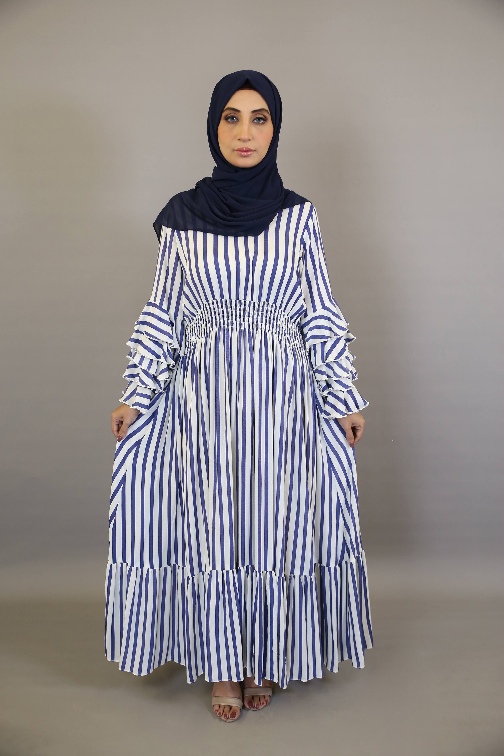 Zarkaa- Gorgeous Linen blue line printed maxi dress with tiered sleeve
