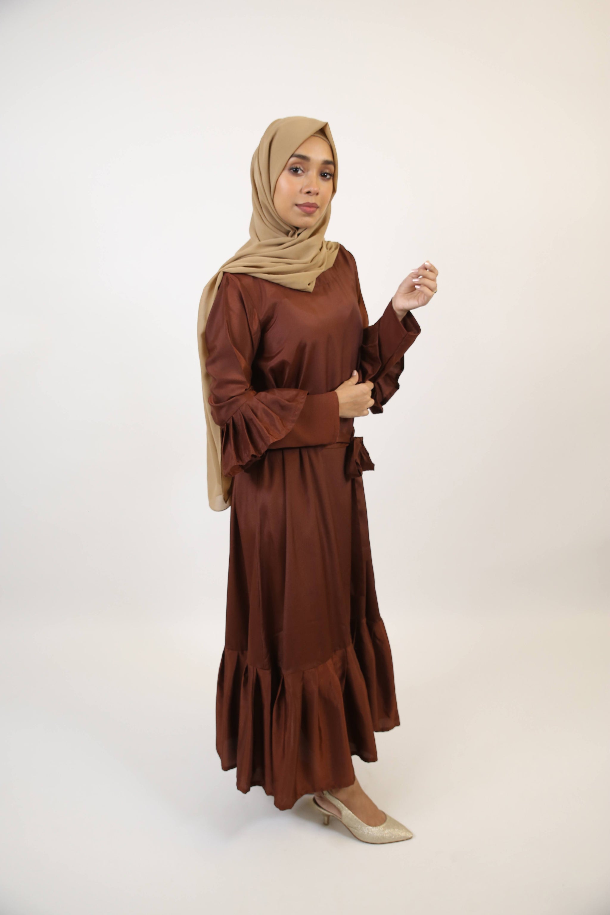 Baloot- Alluring no sheer maxi dress with ruffled hem and belt- Coffee