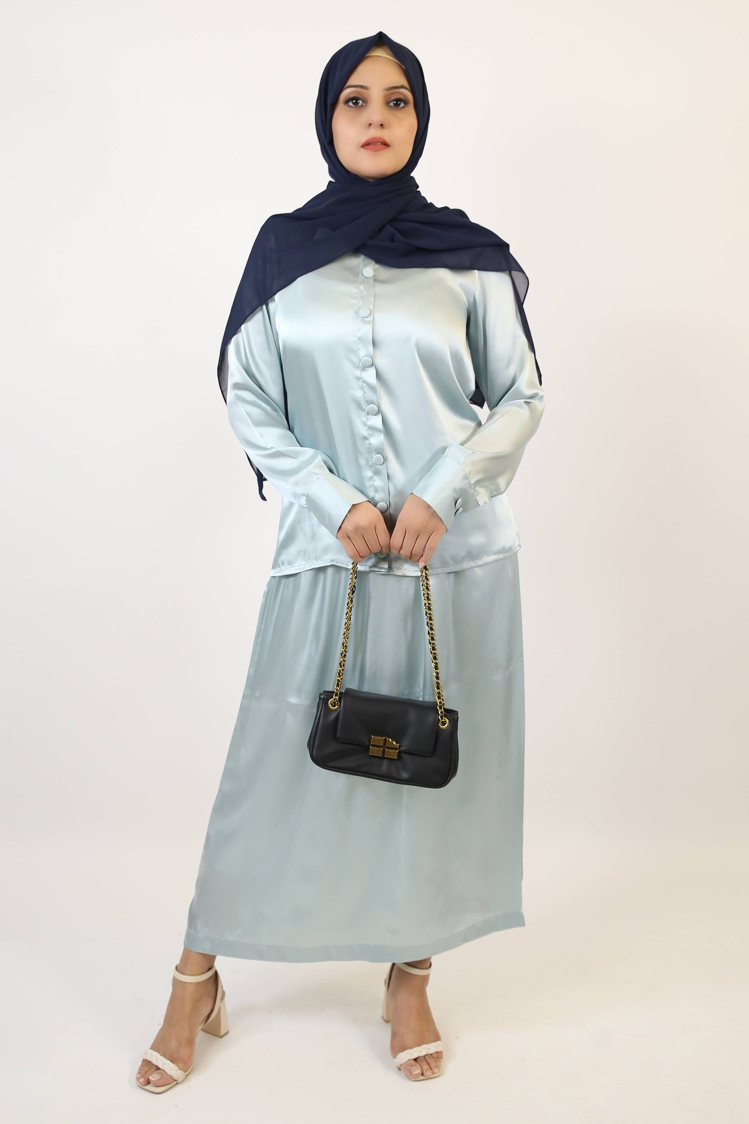 Sahab- Elegant Satin Modest blouse skirt paired with detachable belt-Q